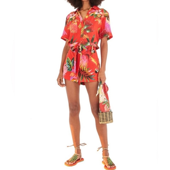 FARM Rio | Pants & Jumpsuits | Farm Rio Macaw Linen Romper Sz Small ...
